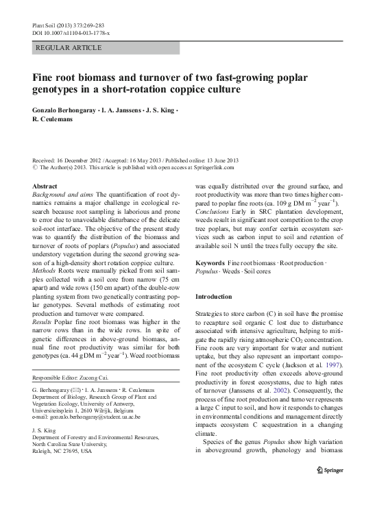 (PDF) Fine root biomass and turnover of two fast-growing poplar ...