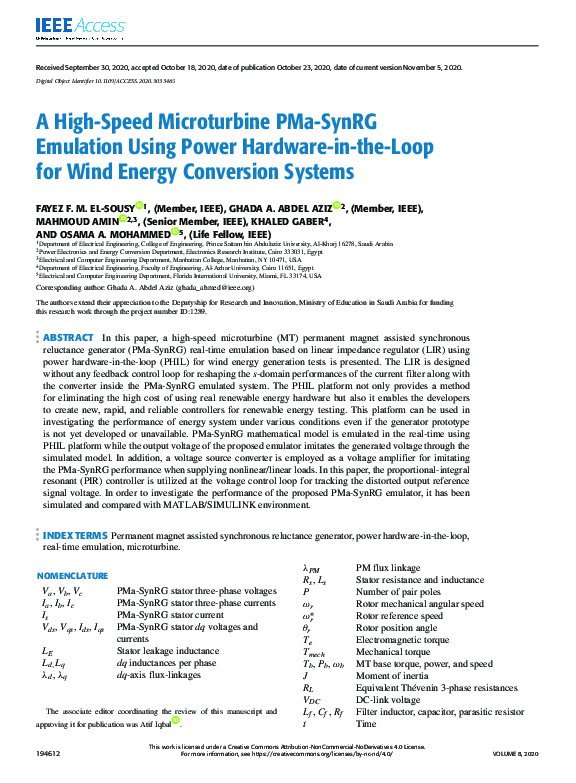 Pdf A High Speed Microturbine Pma Synrg Emulation Using Power Hardware In The Loop For Wind
