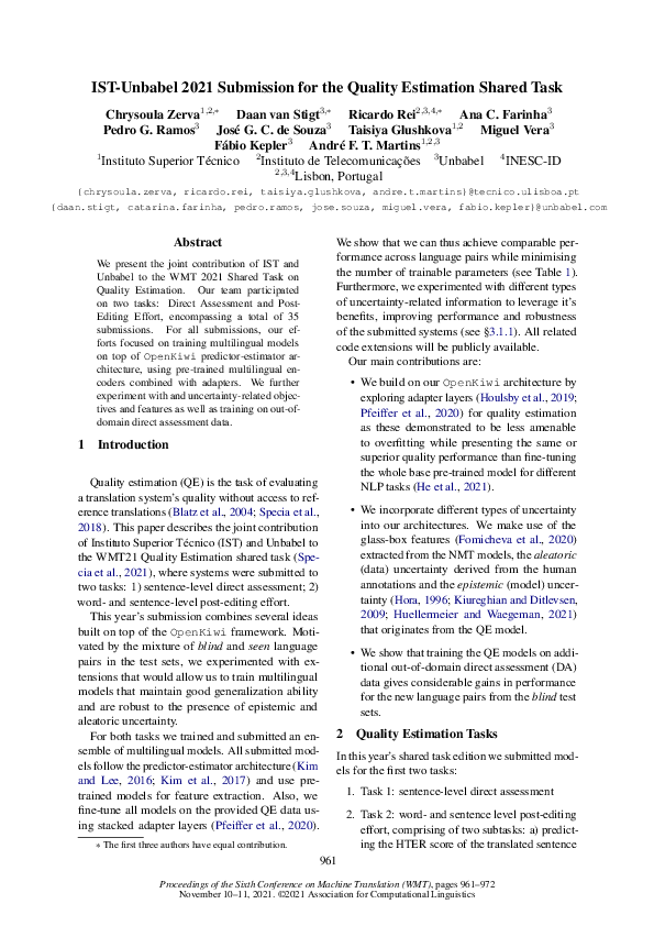 (PDF) IST-Unbabel 2021 Submission for the Quality Estimation Shared Task