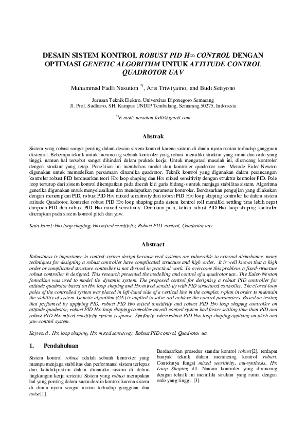 (PDF) Desain Sistem Kontrol Robust Pid H∞ Control Dengan Optimasi Genetic Algorithm Untuk ...