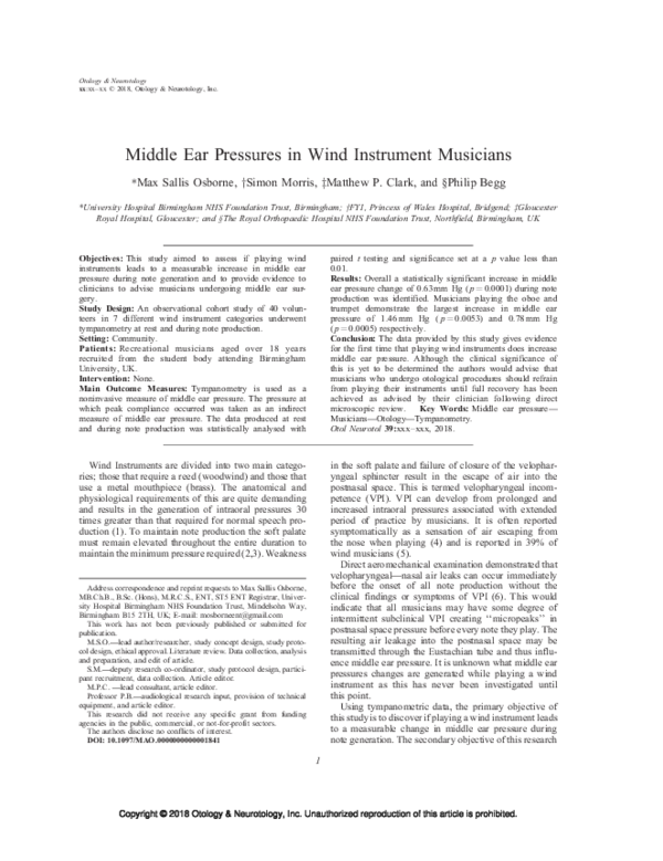 (PDF) Middle Ear Pressures in Wind Instrument Musicians