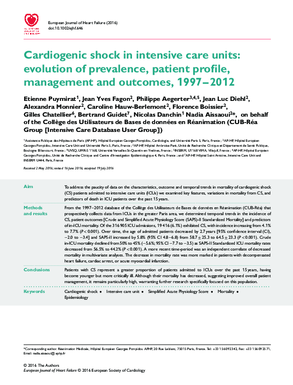 (PDF) Cardiogenic shock in intensive care units: evolution of ...