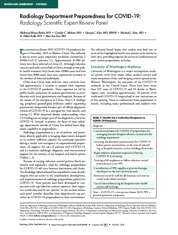(PDF) Radiology Department Preparedness for COVID-19: Radiology ...