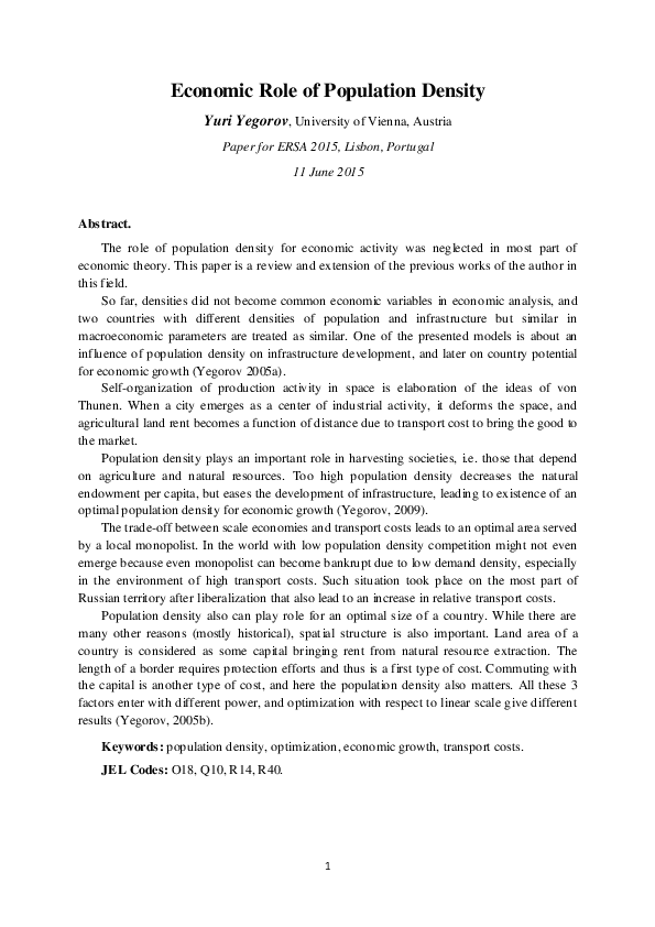 (PDF) Economic Role of Population Density