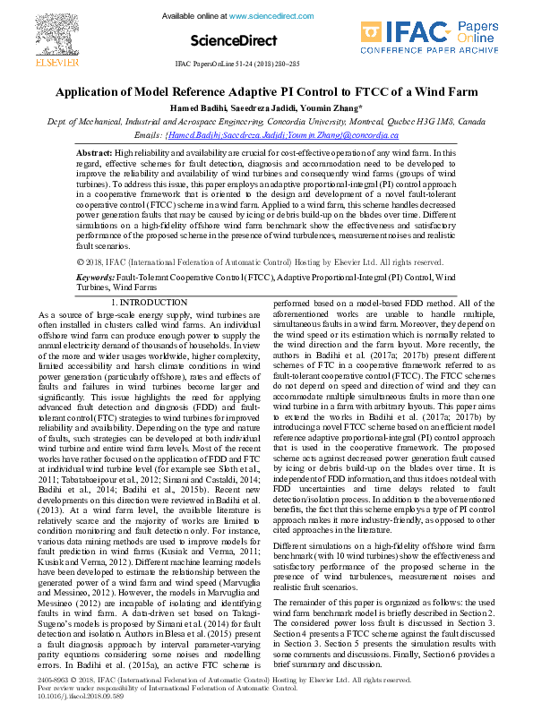 Pdf Application Of Model Reference Adaptive Pi Control To Ftcc Of A Wind Farm