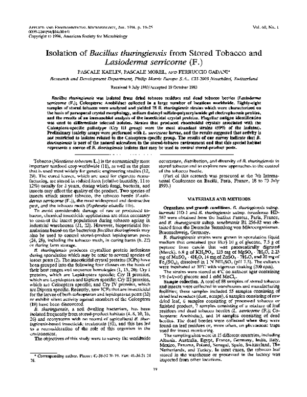 (PDF) Isolation of Bacillus thuringiensis from Stored Tobacco and Lasioderma serricorne (F.)