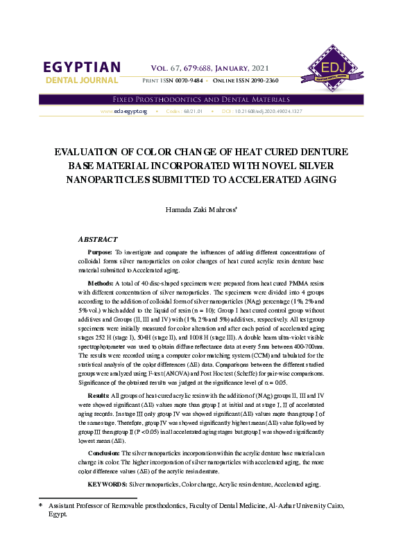 (PDF) Evaluation of Color Change of Heat Cured Denture Base Material Incorporated with Novel ...