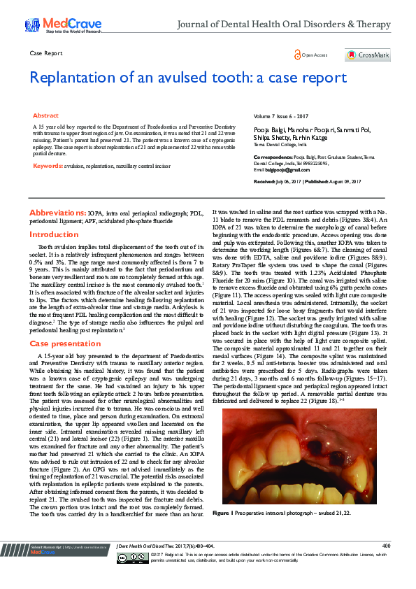 (PDF) Replantation of an avulsed tooth a case report