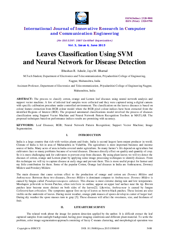 Pdf Leaves Classification Using Svm And Neural Network For Disease Detection