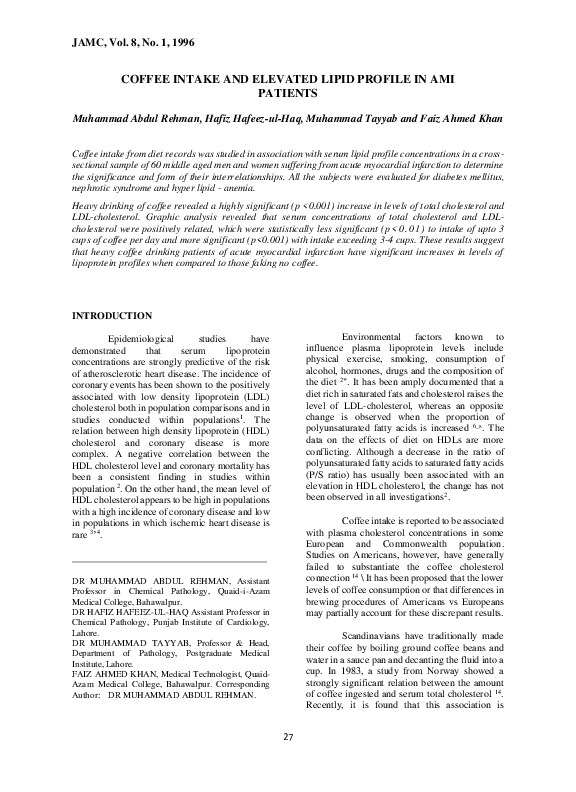 (PDF) Coffee Intake and Elevated Lipid Profile in Ami Patients