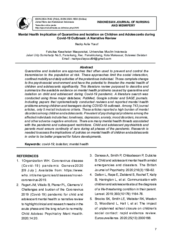 (PDF) Mental Health Implication of Quarantine and Isolation on Children and Adolescents during ...