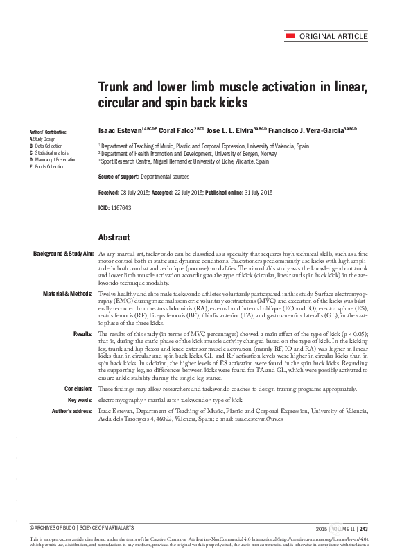 (PDF) Trunk and lower limb muscle activation in linear, circular and spin back kicks