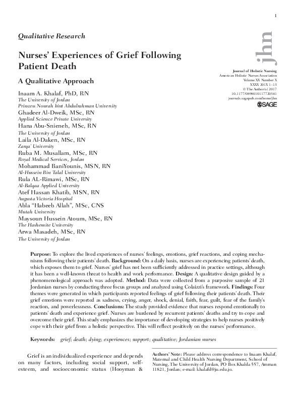(PDF) Nurses’ Experiences of Grief Following Patient Death: A ...