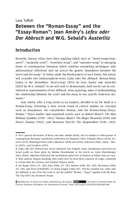 (PDF) Between the “Roman-Essay” and the “Essay-Roman”: Jean Améry’s ...