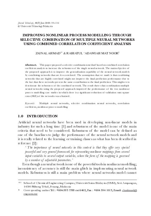 Pdf Improving Nonlinear Process Modelling Through Selective Combination Of Multiple Neural