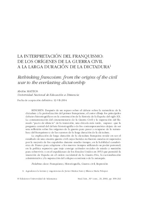 (PDF) LA INTERPRETACIÓN DEL FRANQUISMO: DE LOS ORÍGENES DE LA GUERRA ...