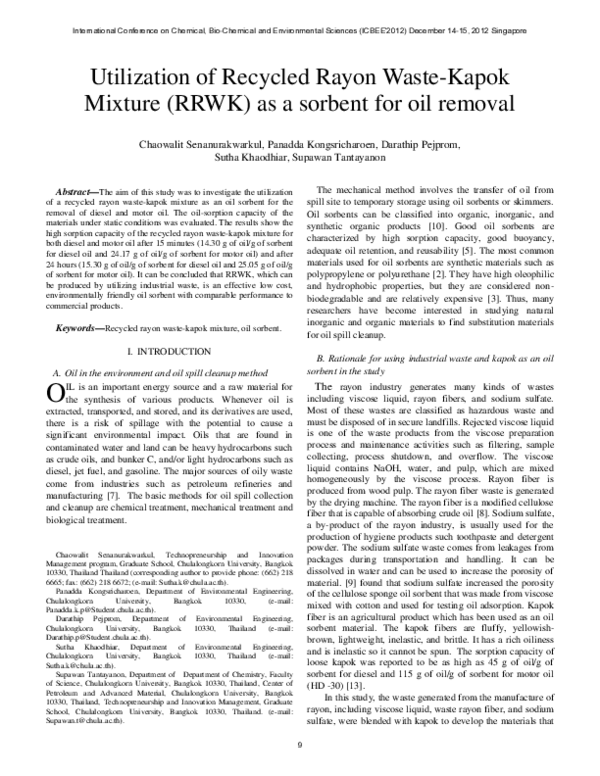 (PDF) Utilization of Recycled Rayon Waste-Kapok Mixture ( RRWK ) as a ...