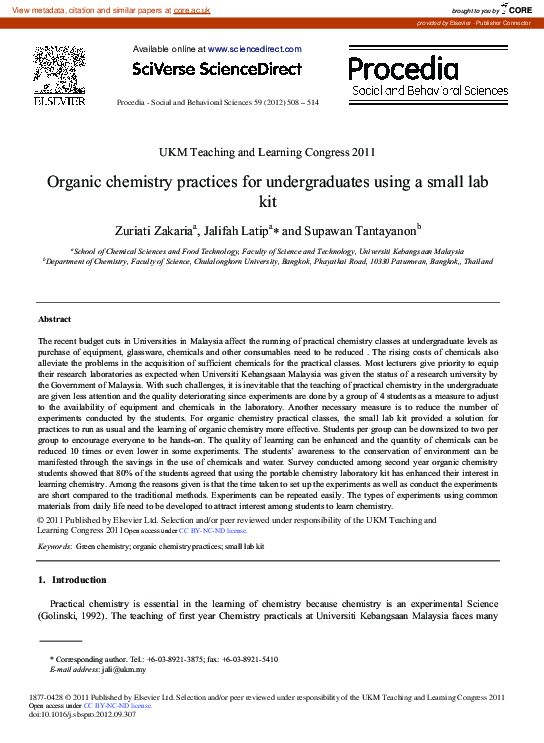 (PDF) Organic Chemistry Practices for Undergraduates using a Small Lab Kit