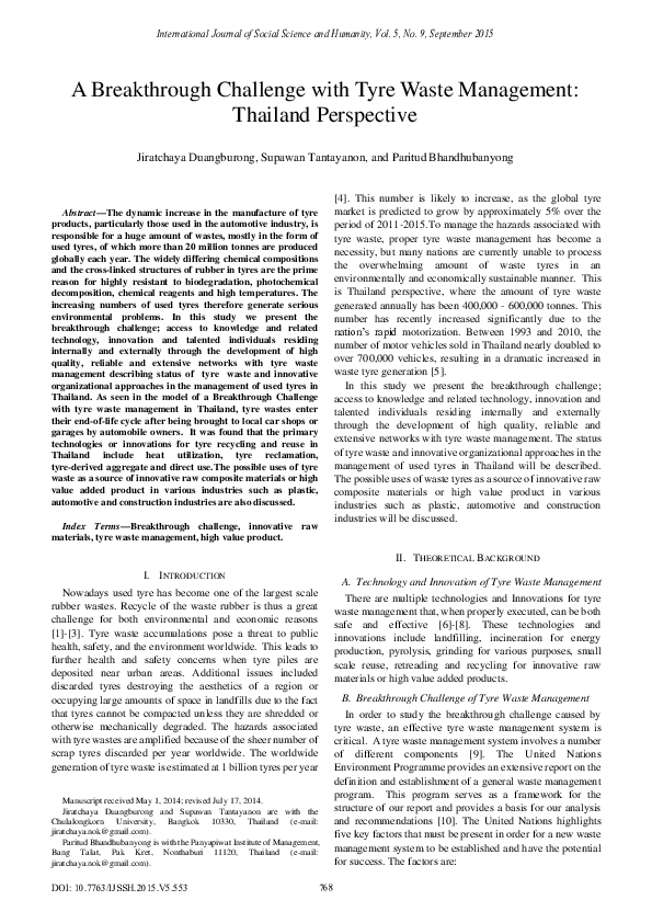 (PDF) A Breakthrough Challenge with Tyre Waste Management: Thailand Perspective