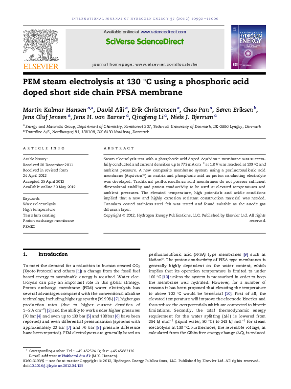 (PDF) PEM steam electrolysis at 130 °C using a phosphoric acid doped short side chain PFSA membrane