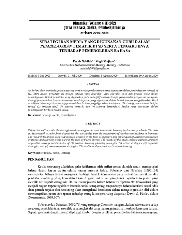 (PDF) Strategi dan Media Yang Digunakan Guru dalam Pembelajaran Tematik ... (PDF) Strategi dan Media Yang Digunakan Guru dalam Pembelajaran Tematik ...