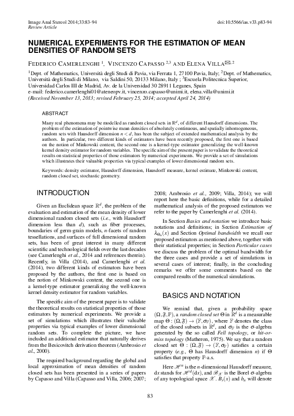 Pdf Numerical Experiments For The Estimation Of Mean Densities Of Random Sets 