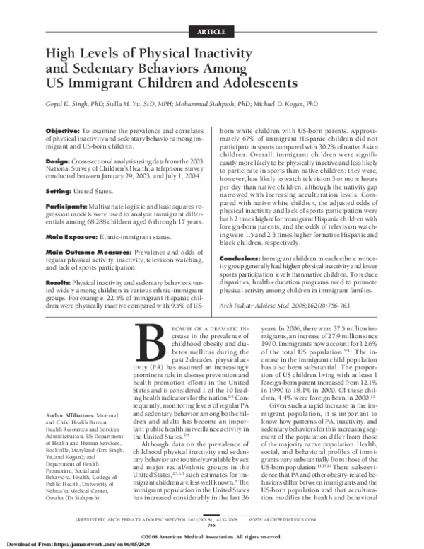 (PDF) High Levels of Physical Inactivity and Sedentary Behaviors Among US Immigrant Children and ...