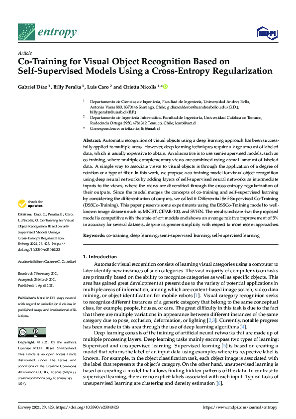 Pdf Co Training For Visual Object Recognition Based On Self Supervised Models Using A Cross