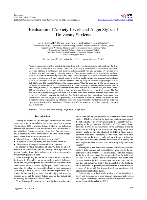 (PDF) Evaluation of Anxiety Levels and Anger Styles of University Students