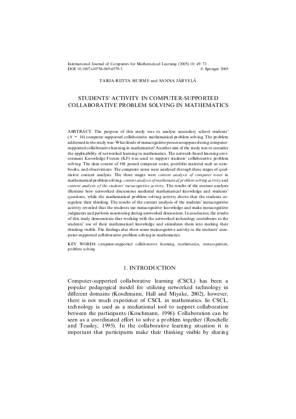 (PDF) Students’ Activity in Computer-Supported Collaborative Problem Solving in Mathematics