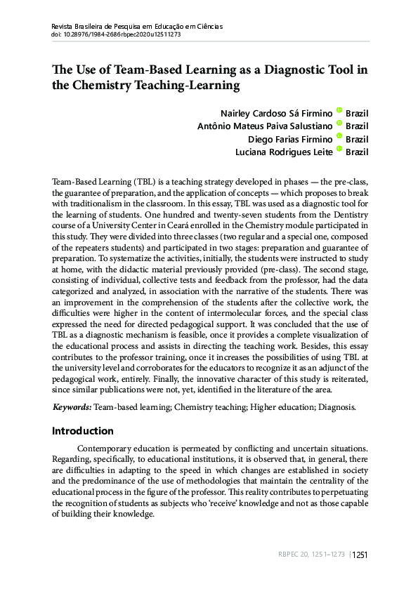(PDF) The Use of Team-Based Learning as a Diagnostic Tool in the Chemistry Teaching-Learning