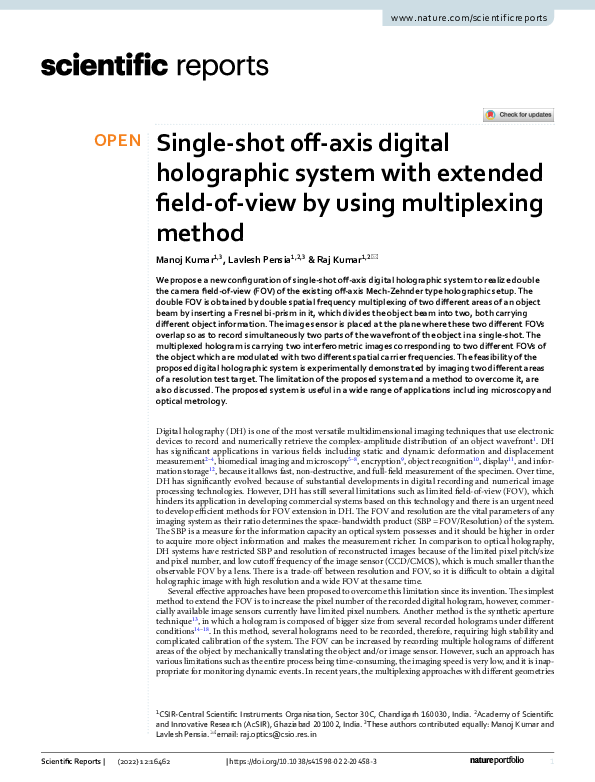 Pdf Single Shot Off Axis Digital Holographic System With Extended Field Of View By Using