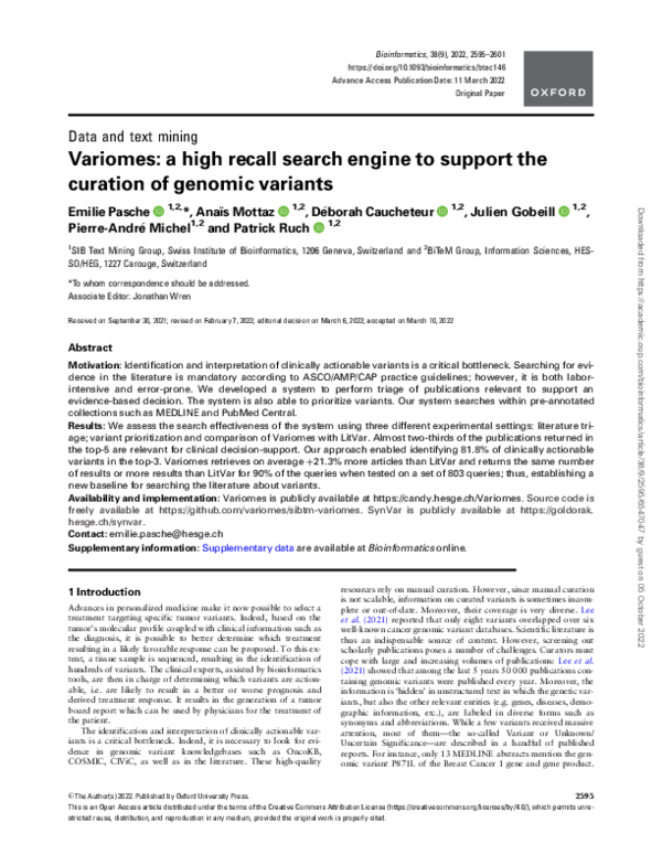 (PDF) Variomes: a high recall search engine to support the curation of genomic variants