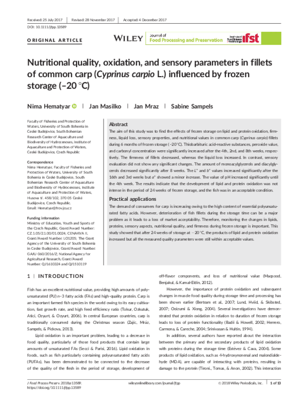 (PDF) Nutritional quality, oxidation, and sensory parameters in fillets of common carp (Cyprinus ...