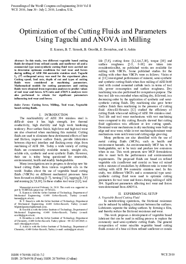Pdf Optimization Of The Cutting Fluids And Parameters Using Taguchi