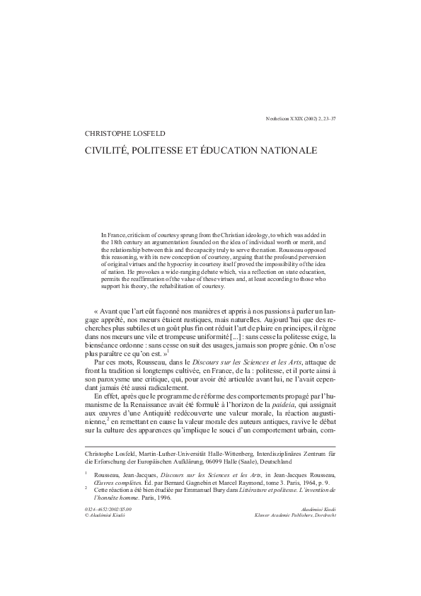 (PDF) Civilité, politesse et éducation nationale