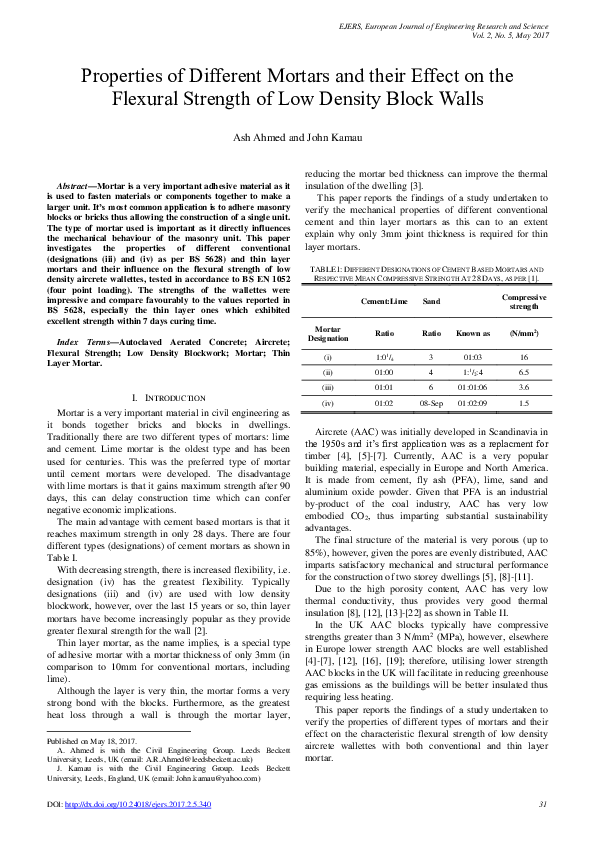 (PDF) Properties of Different Mortars and their Effect on the Flexural ...