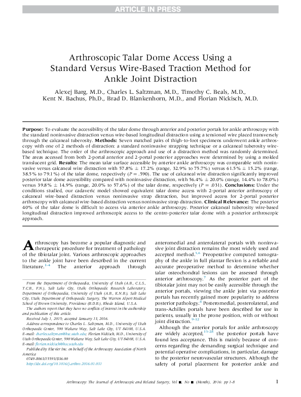 (PDF) Arthroscopic Talar Dome Access Using a Standard Versus Wire-Based ...