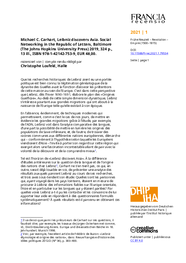 (PDF) Michael C. Carhart, Leibniz discovers Asia. Social Networking in ...