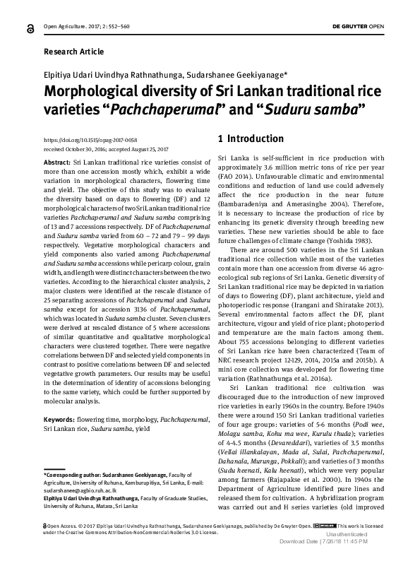 (PDF) Morphological diversity of Sri Lankan traditional rice varieties ...