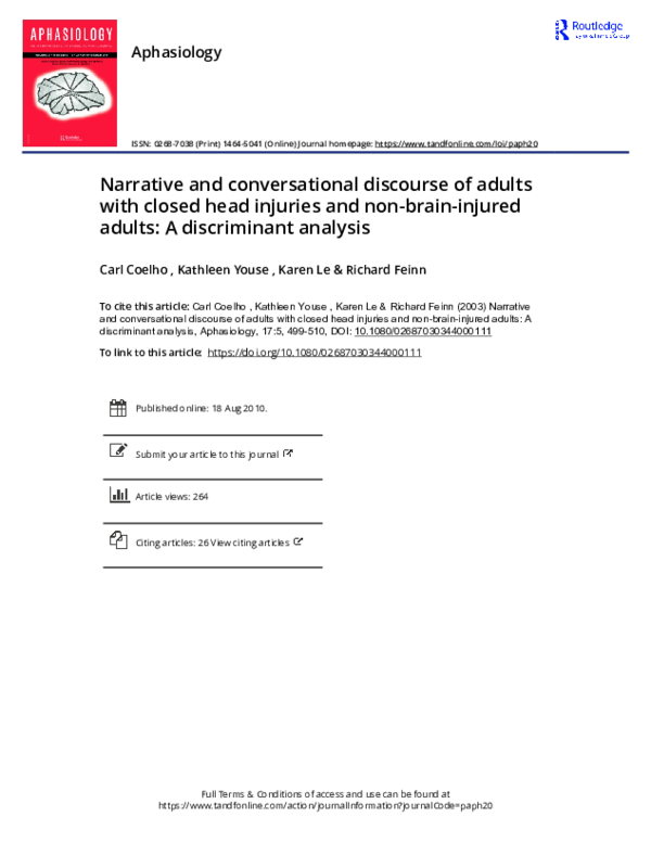 Pdf Narrative And Conversational Discourse Of Adults With Closed Head Injuries And Non Brain