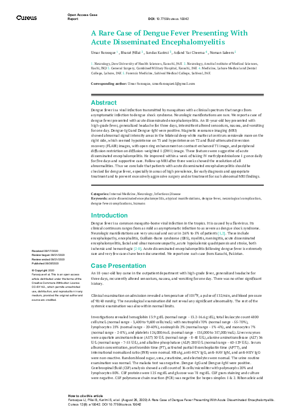 (PDF) A Rare Case of Dengue Fever Presenting With Acute Disseminated ...