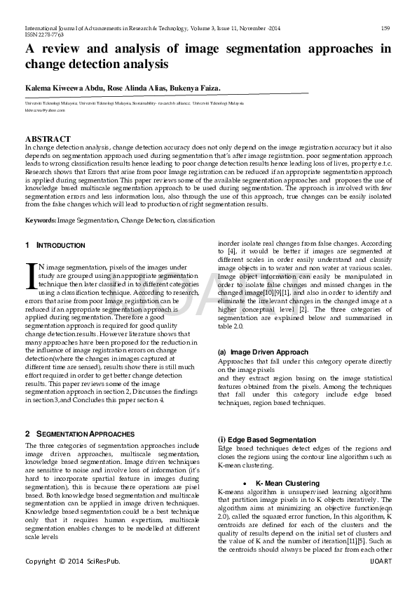 (PDF) A review and analysis of image segmentation approaches in change detection analysis