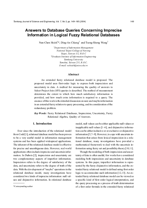 Pdf Answers To Queries Concerning Uncertain And Imprecise Information