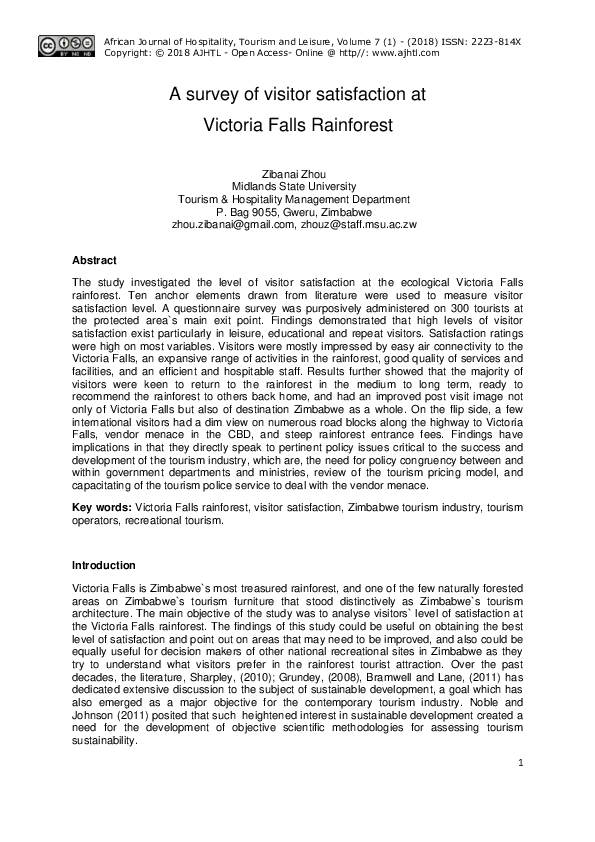 (PDF) A survey of visitor satisfaction at Victoria Falls Rainforest