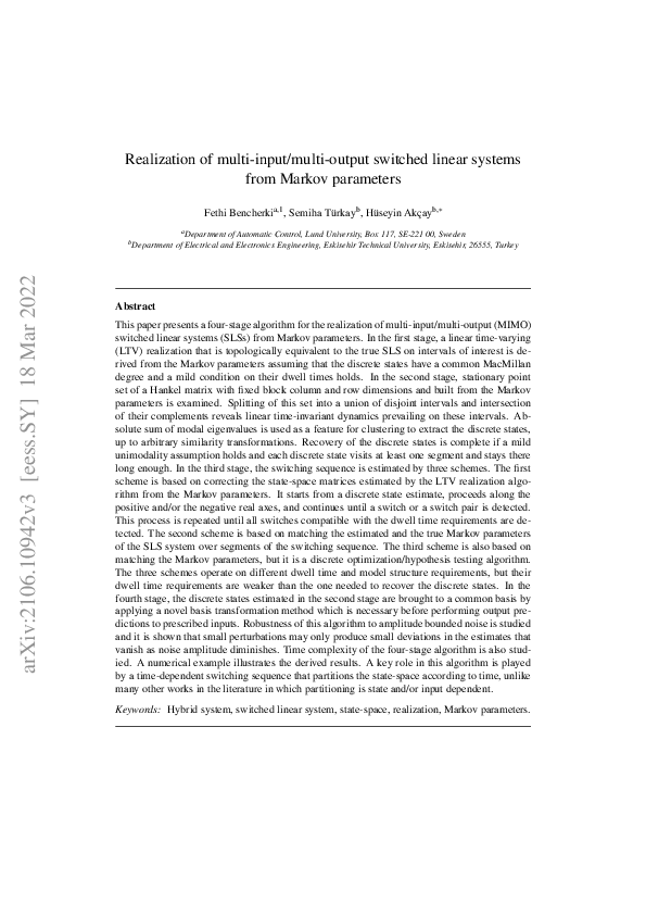 Pdf Realization Of Multi Inputmulti Output Switched Linear Systems
