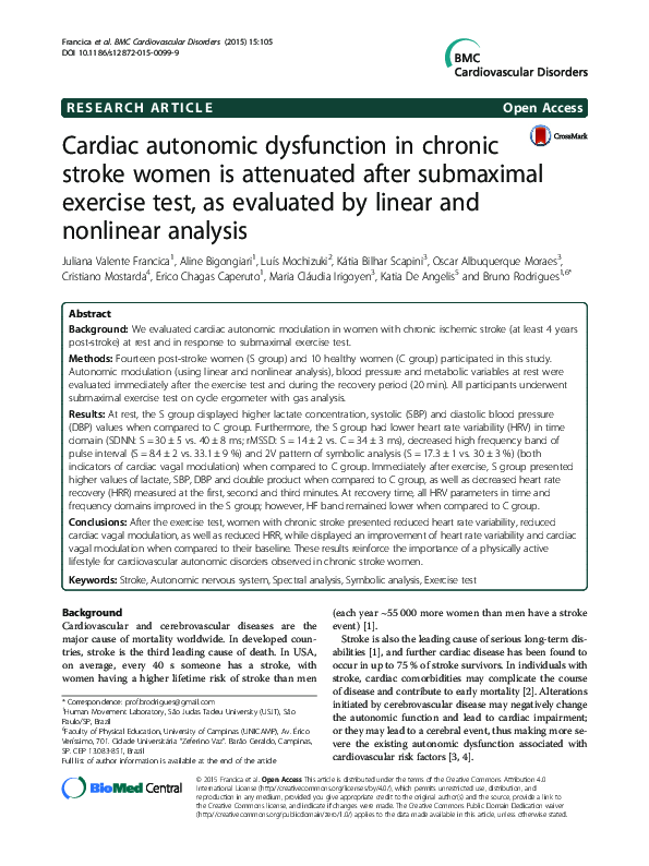 (PDF) Cardiac autonomic dysfunction in chronic stroke women is attenuated after submaximal ...