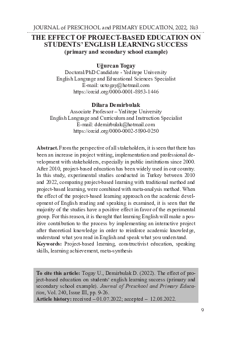 (PDF) THE EFFECT OF PROJECT-BASED EDUCATION ON STUDENTS' ENGLISH LEARNING SUCCESS (primary and ...