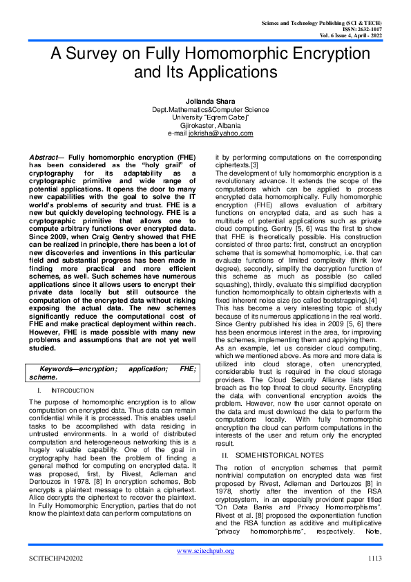 (PDF) A Survey on Fully Homomorphic Encryption and Its Applications | Jollanda Shara - Academia.edu