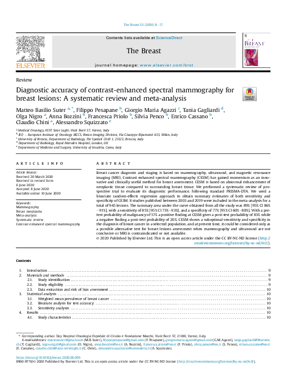 (PDF) Diagnostic accuracy of contrast-enhanced spectral mammography in comparison to ...